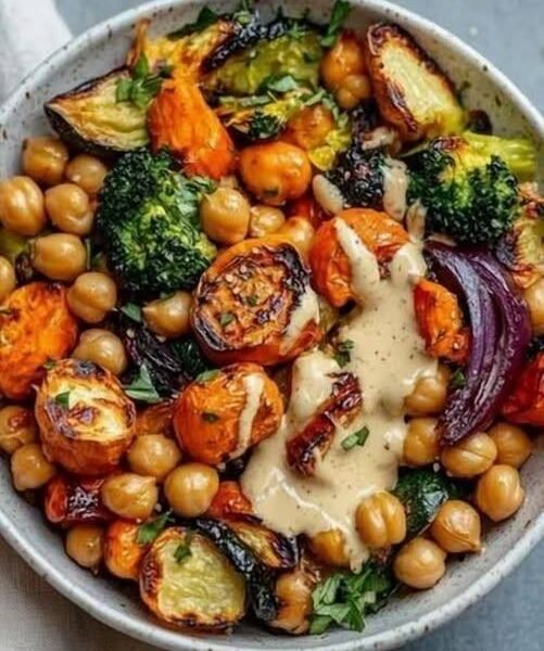 Roasted Veggie & Chickpea Bowl with Tahini Dressing – Easy Yum Recipes